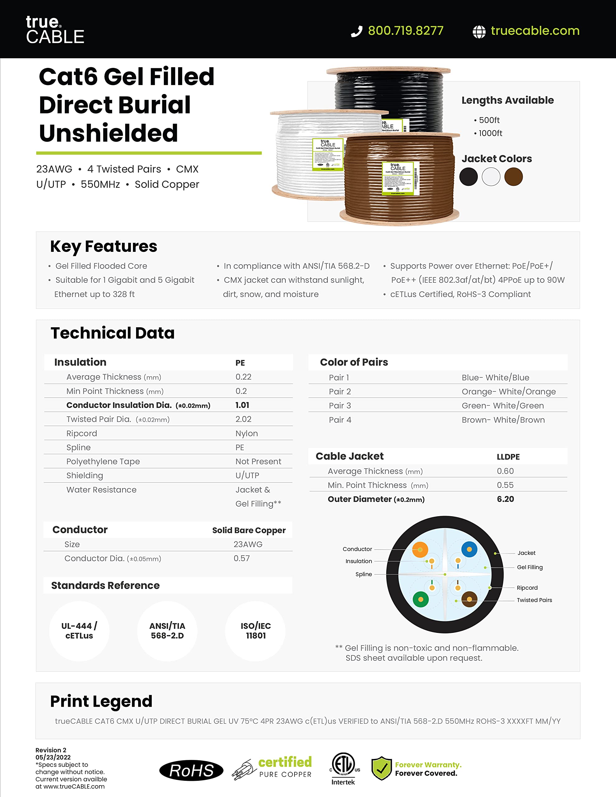 trueCABLE Cat6 Direct Burial, Gel Filled, 1000ft, Black, Waterproof, CMX, 23AWG Solid Bare Copper, 550MHz, PoE++ (4PPoE), ETL Listed, Unshielded UTP, Bulk Ethernet Cable