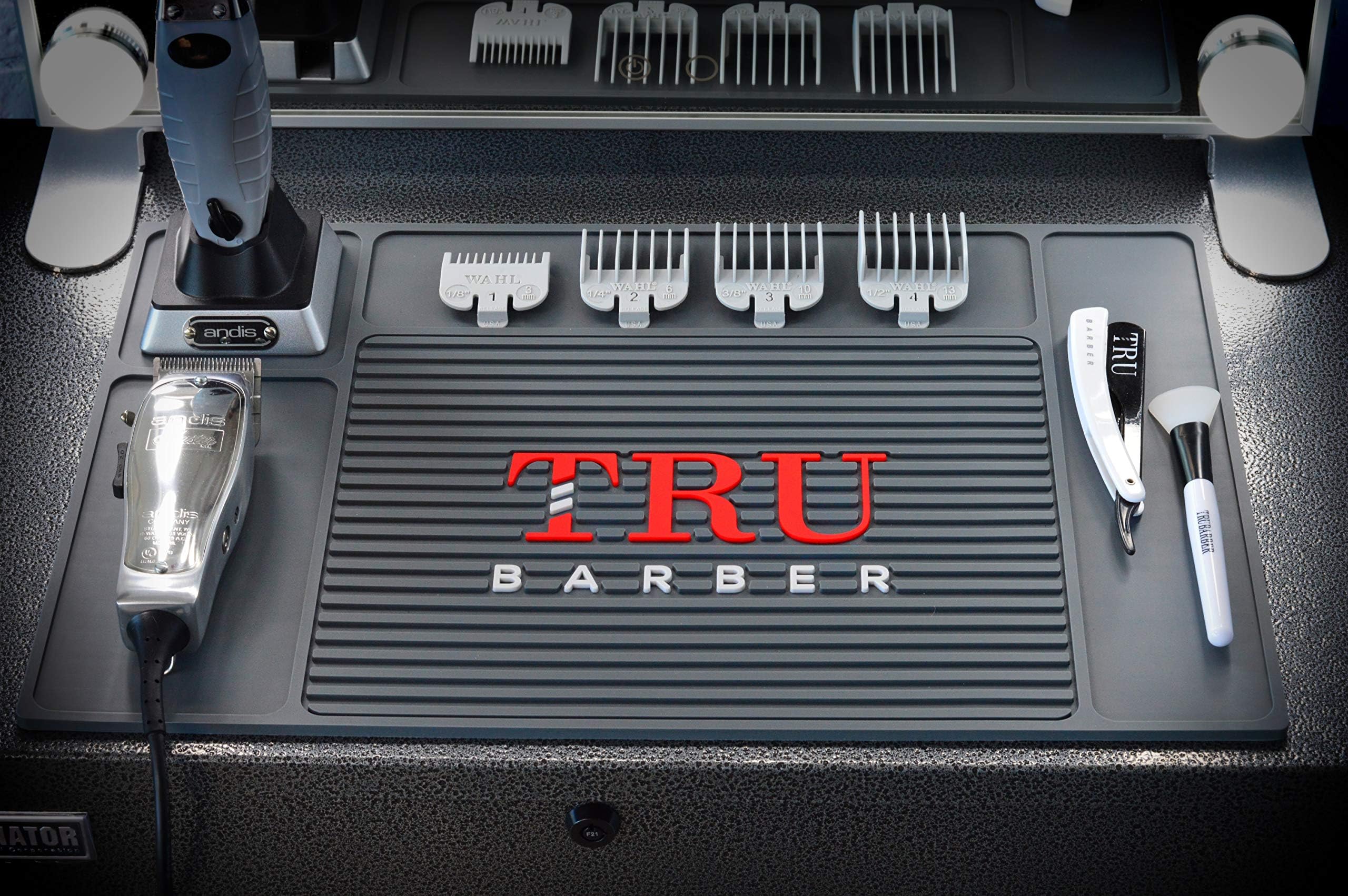 TRU BARBER Organizer Mat 18" X 13" (Charcoal Grey) Flexible PVC Station Mat, Salon Barbershop work station pads, Beauty salon tools, Counter mat for clippers, anti slip
