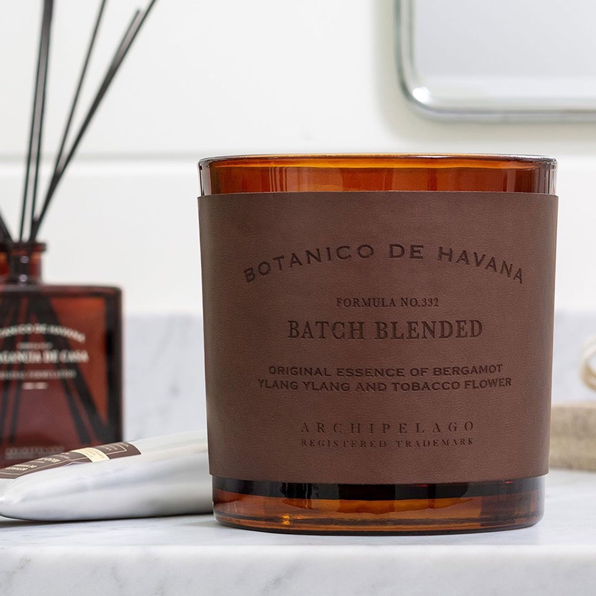 Archipelago Botanicals Botanico de Havana Letter Press Candle, Bergmaot, Tobacco Flower and Ylang Ylang Scent, Hand-Tooled Leather Wrap, Burns Approx. 100 Hours (13 oz)