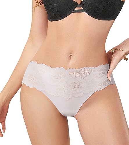 Banamic Lace Underwear for Women Thongs Low Waist Panties Seamless Lace Thongs White
