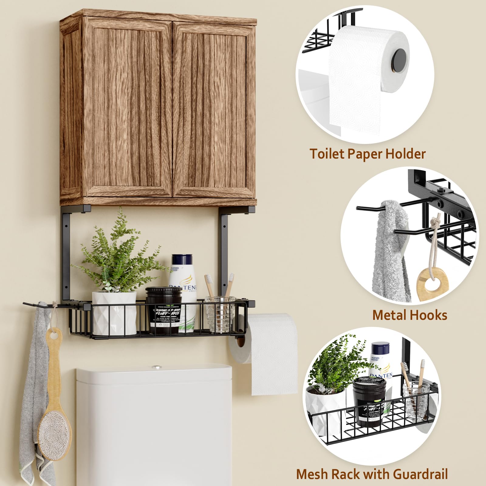 Yoimori Over The Toilet Storage, Double Door Bathroom Organizer,Bathroom Storage Space with Inner Adjustable Shelf and Toilet Paper Holder, Hooks, Wooden Bathroom Wall Organizer(Rustic Brown)