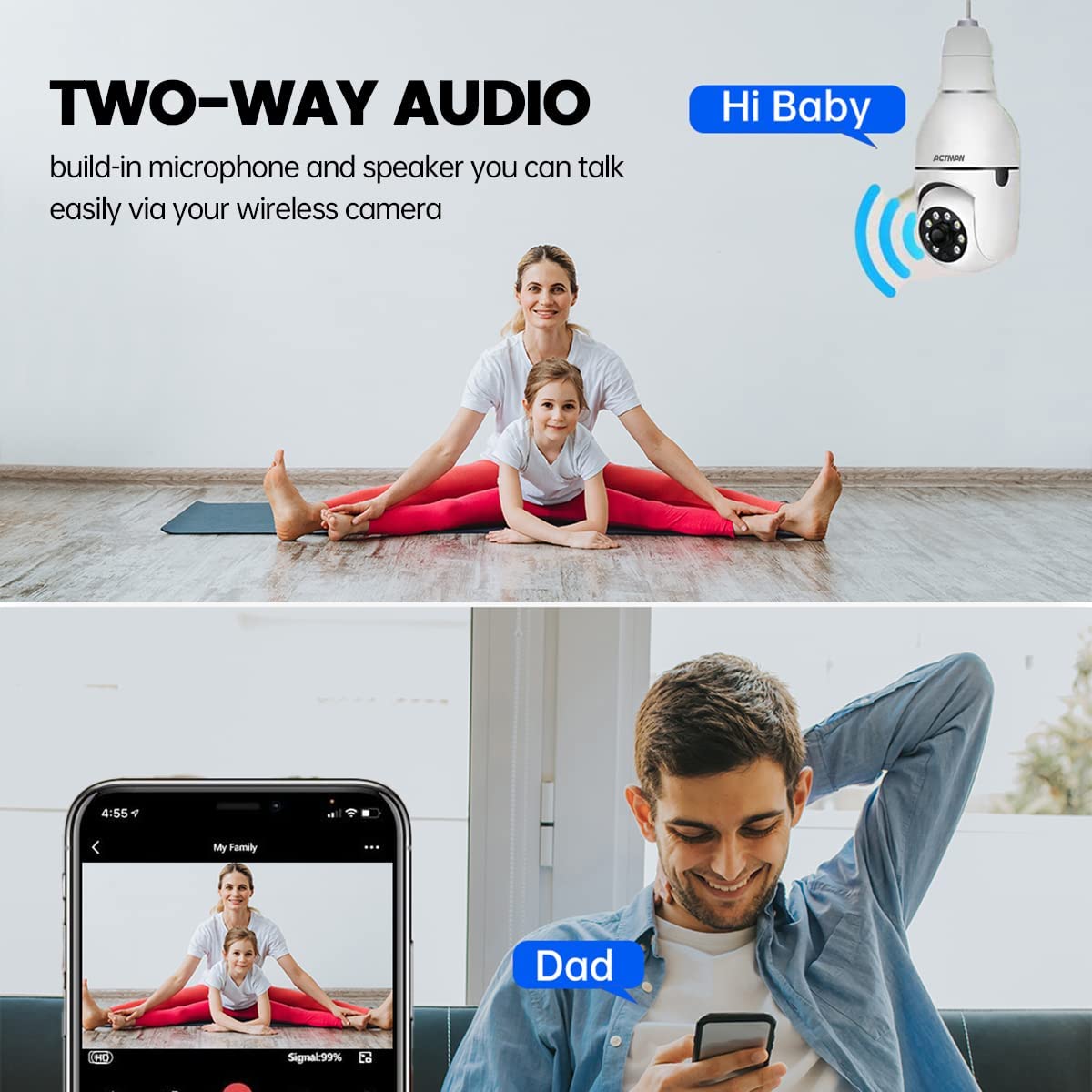 ACTMAN 2PCS 1080p Light Socket Security Camera Outdoor,2.4G WiFi Light B ulb Security Camera,WiFi Camera Outdoor,360 Degree Panoramic Camera,Motion Tracking, Color Night Vision Two-Way Dialogue.