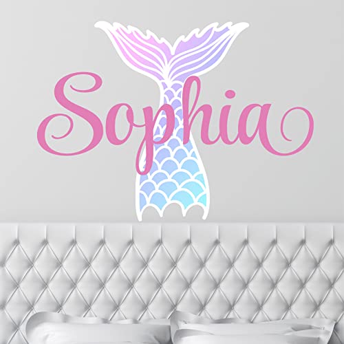 Custom Name Mermaid Nursery Wall Decal - Girls Personalized Name Mermaid Wall Sticker - Custom Name Sign - Custom Name Stencil Monogram - Girls Nursery Wall Decor (27" Wide x 18" high)