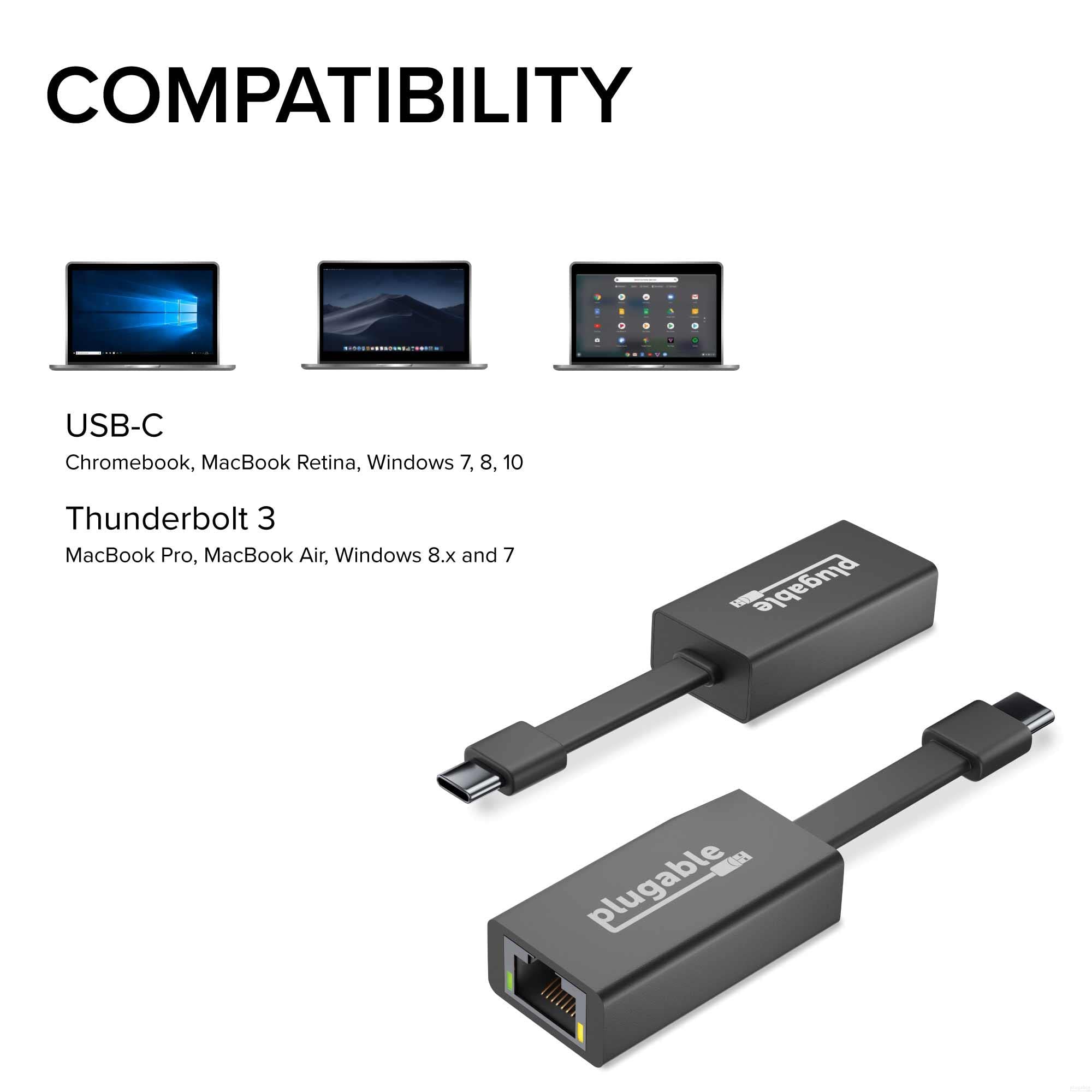 Plugable USB C to Ethernet Adapter, Driverless Fast and Reliable Gigabit Speed, Thunderbolt 3 to Ethernet Adapter Compatible with MacBook Pro, Windows, macOS, iPhone 15, and ChromeOS