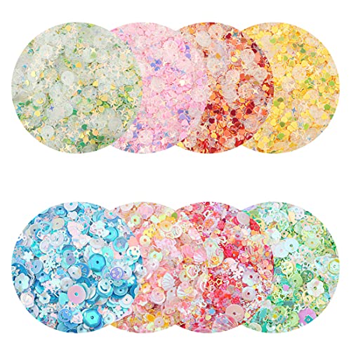 Decoendiy 6 Pack Mixed Shaped Glitter Flakes, Chunky Sparkle Sewing Glitter, Heart Star Seashell Shiny Slices with Hole, for Sewing Embellishment Accessories DIY Crafts Arts (Purple)
