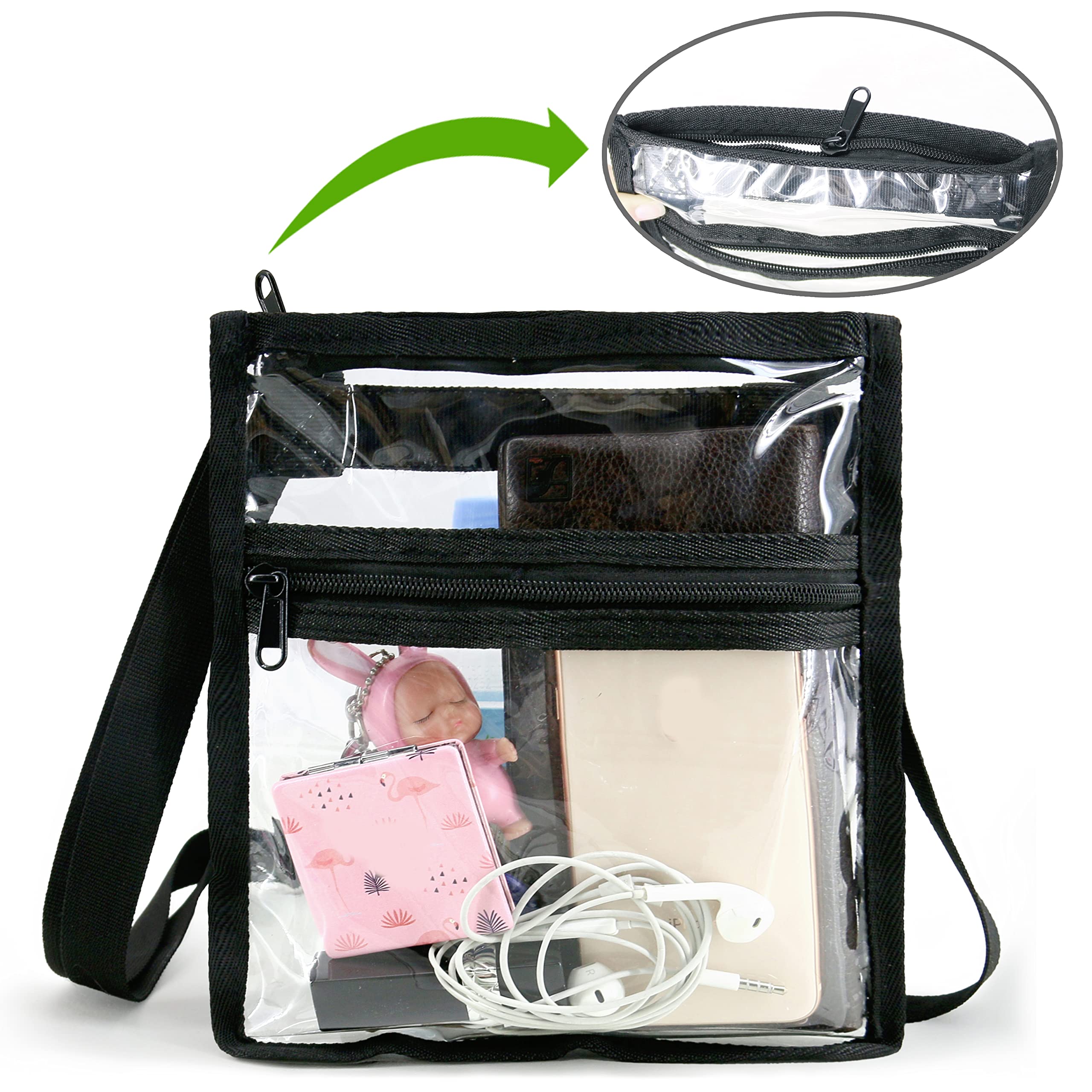BeeGreen Black Clear Bag Stadium Approved Small Clear Purse with Extra Pocket for Women & Men,Clear Crossbody Purse for Concert, Sporting Events,Clear Messenger Bag w Long Strap for College Gift