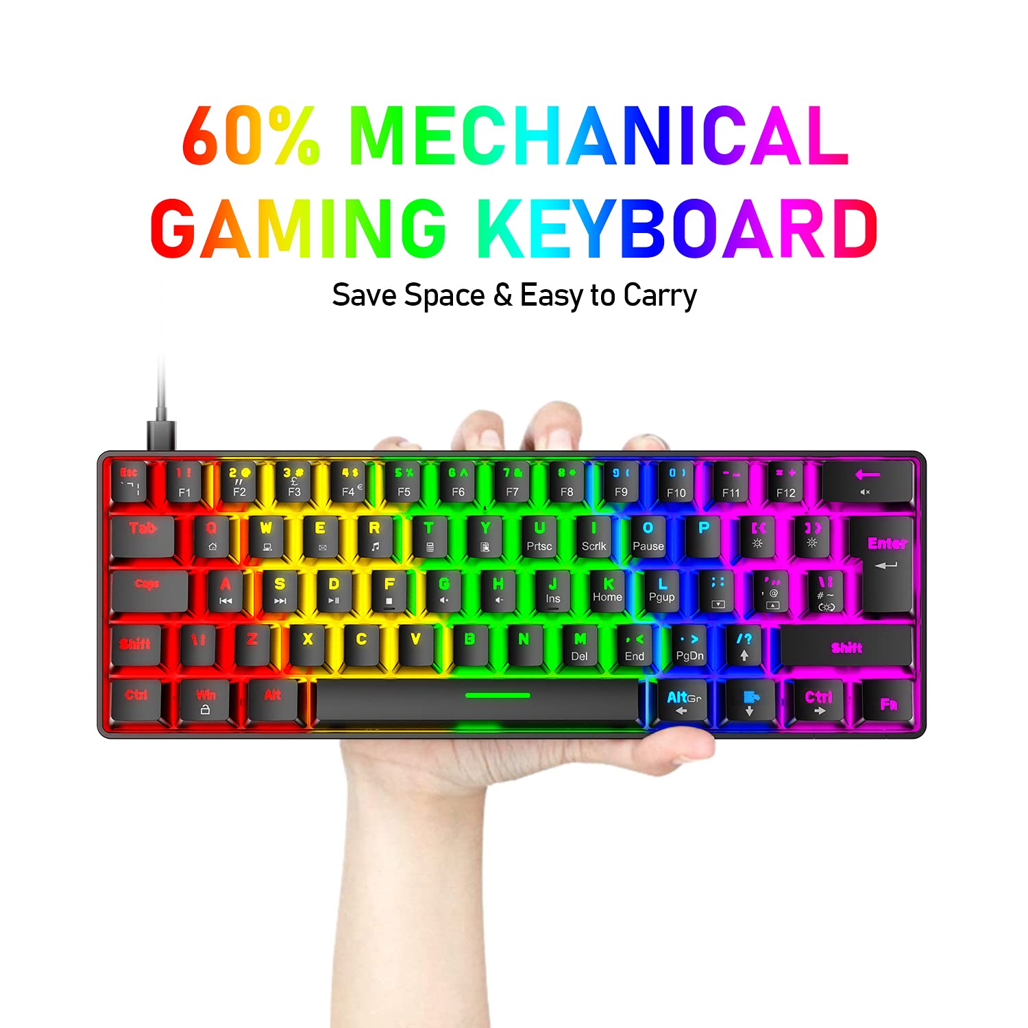 60% Wired Mechanical Gaming Keyboard and Mouse Combo, Ultra-Compact Mini 62 Keys Type C Chroma 20 Rainbow Backlit Effects,RGB Backlit 6400 DPI Lightweight Gaming Mouse with Honeycomb Shell for PC/Mac