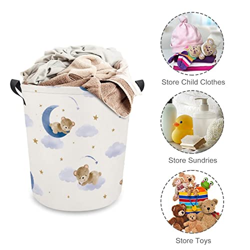 Cute Bear Pattern Waterproof Laundry Baskets Moon Stars Collapsible Laundry Hamper with Handles Large Round Toy Bin for Dirty Clothes,Kids Toys,Bedroom,Bathroom