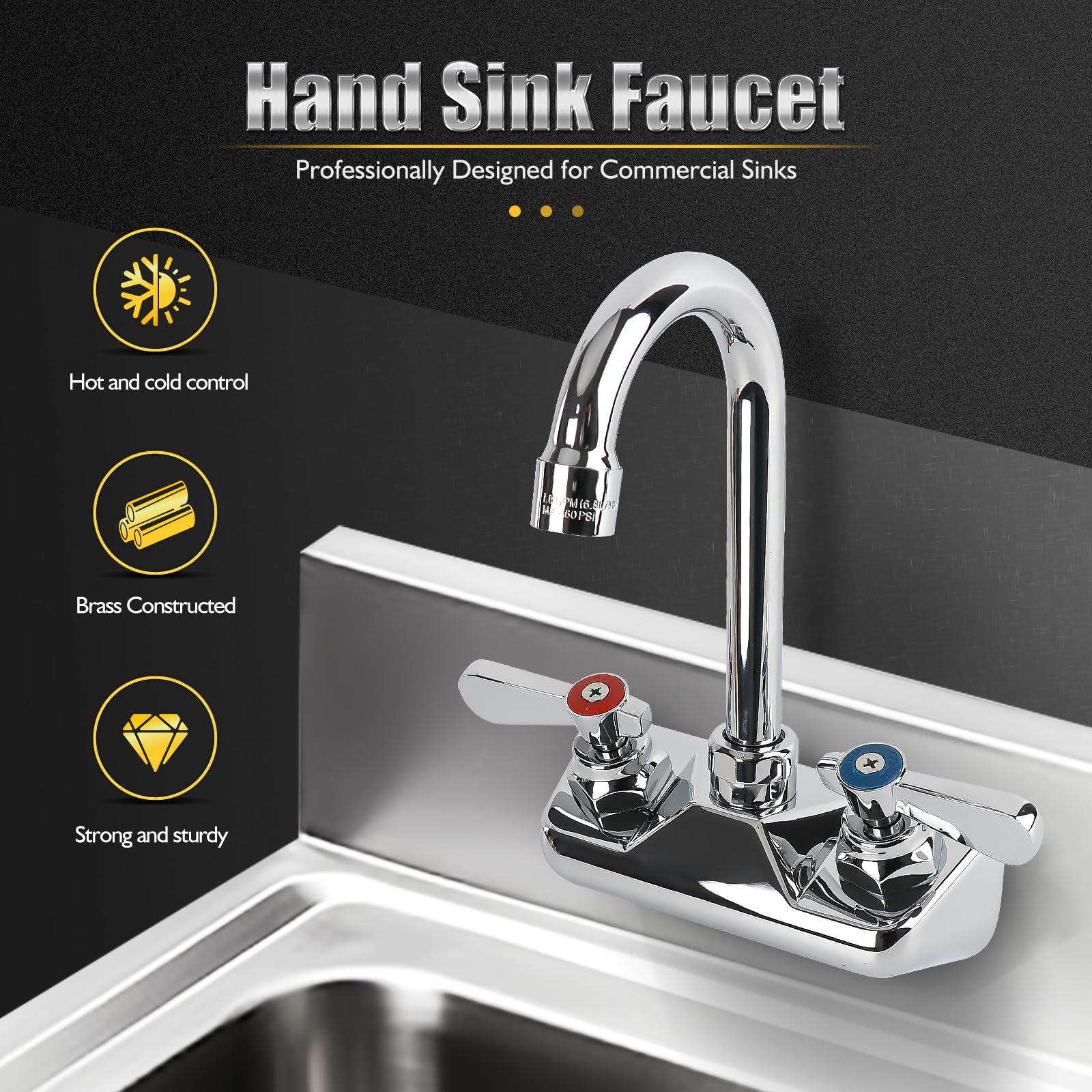 Upgraded 4 Inch Center Commercial Sink Faucet Wall Mount Kitchen Hand Sink Faucet, Ceramic Valve, Premium Brass, Chrome Finish, 3-1/2" Gooseneck Spout, Easy-Use Dual Lever