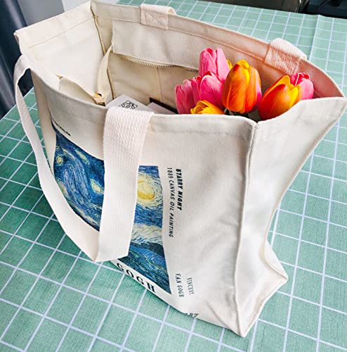 Canvas Aesthetic Tote Bag with Zipper Interior Pocket Shoulder Tote Bags for Women School Shopping