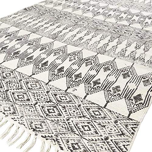 Eyes of India - 4 X 6 ft Off-White Black Cotton Block Print Area Dhurrie Rug Flat Weave Hand Woven Tassel Boho Chic Indian Bohemian Accent Handmade Handwoven