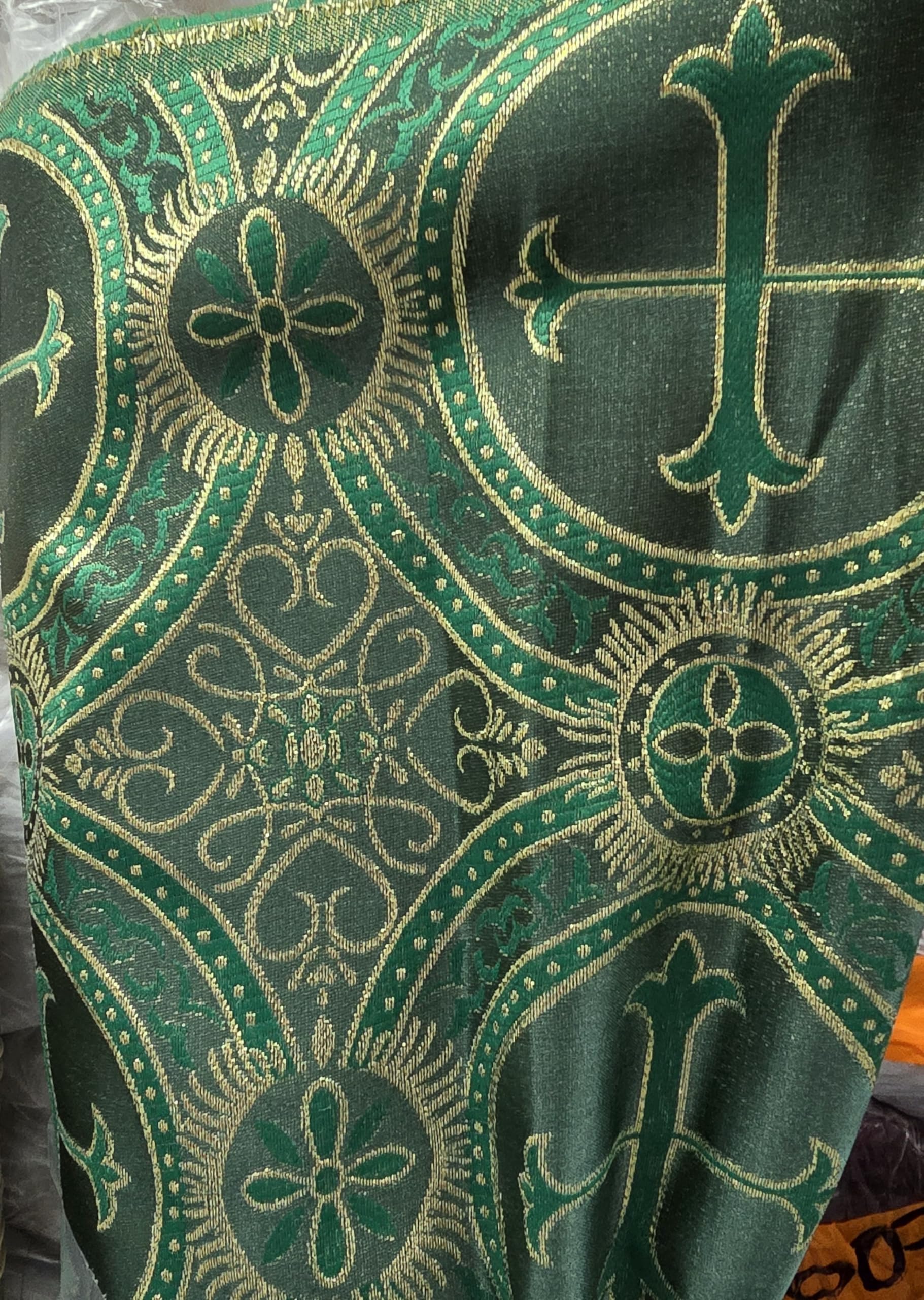 Ad Fabric, Liturgical Brocade,Church Gorgeous Cross, Green/Gold, Liturgical Metallic Brocade Fabric, Non-Stretch, Sold by The Yard Color, 60" Wide