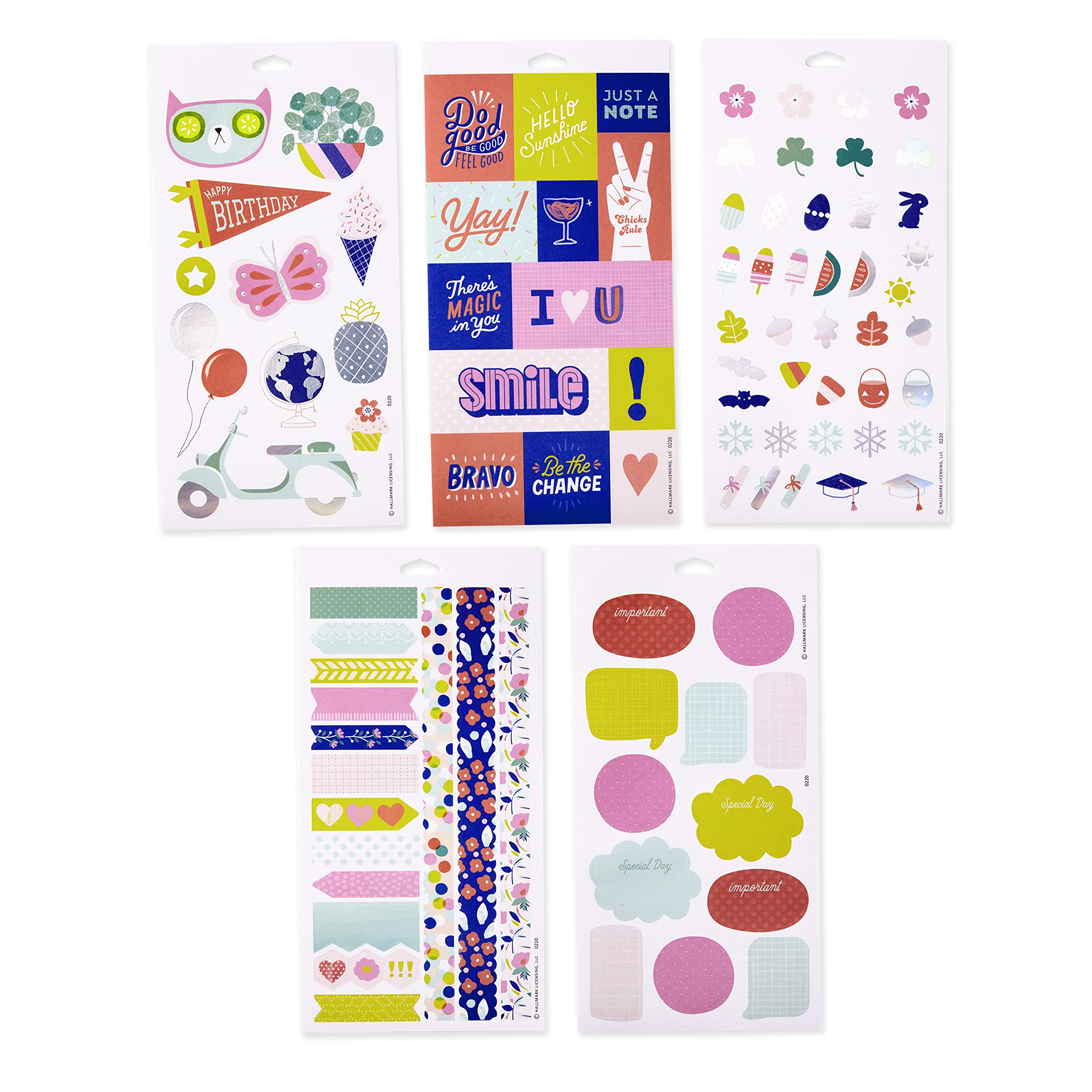 Hallmark Stickers for Kids and Adults (Pack of 91 Stickers, 5 Sheets for Planners, Notebooks, Laptops, Water Bottles, and More)