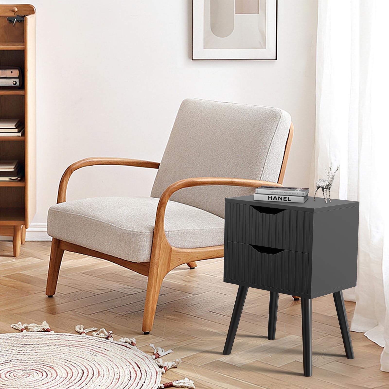 Bavelye Black Nightstand Set of 2, Thickened Wooden Night Stand with 2 Drawers, Mid-Century Modern Bedside Table with Storage, Small End Table for Bedroom