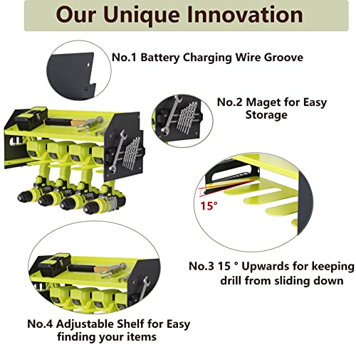 Drill Storage Rack,Power Tool Organizer Drill Holder Wall Mount, Drill Organizer for Garage, Workshop,Drill Bit Storage Shlef, Holds 4 Drills with Screws Box (Green-2 Layer)