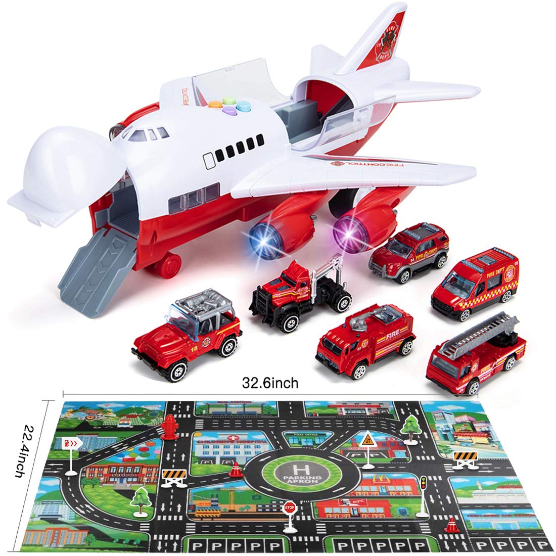 Car Toys Set with Transport Cargo Airplane, Educational Vehicles Fire Fighting Car Set for Kids Toddlers Child Gift for 3 4 5 6 Years Old, Large Play Mat, 6 Trucks Large Plane 11 Road Signs