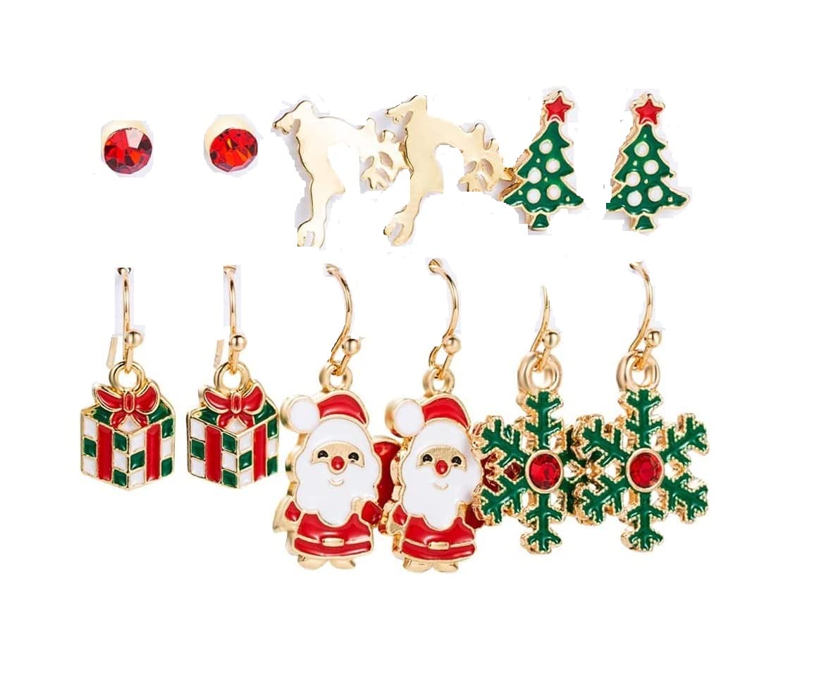 6 Pair Christmas Earrings for Women Cute Funny Holiday Xmas Stud Earrings Bow Bell Candy Reindeer Snowflake Santa Claus Tree Enamel Drop Dangle Earrings for Christmas Gifts -Style 1