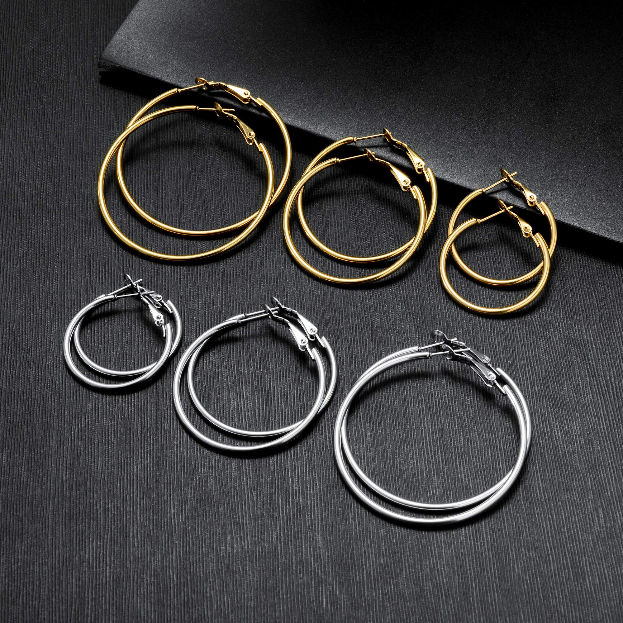 6 Pairs Stainless Steel gold silver Plated Hoop Earrings for Women, Hypoallergenic Hoops Women's Earrings Loop Earrings Set
