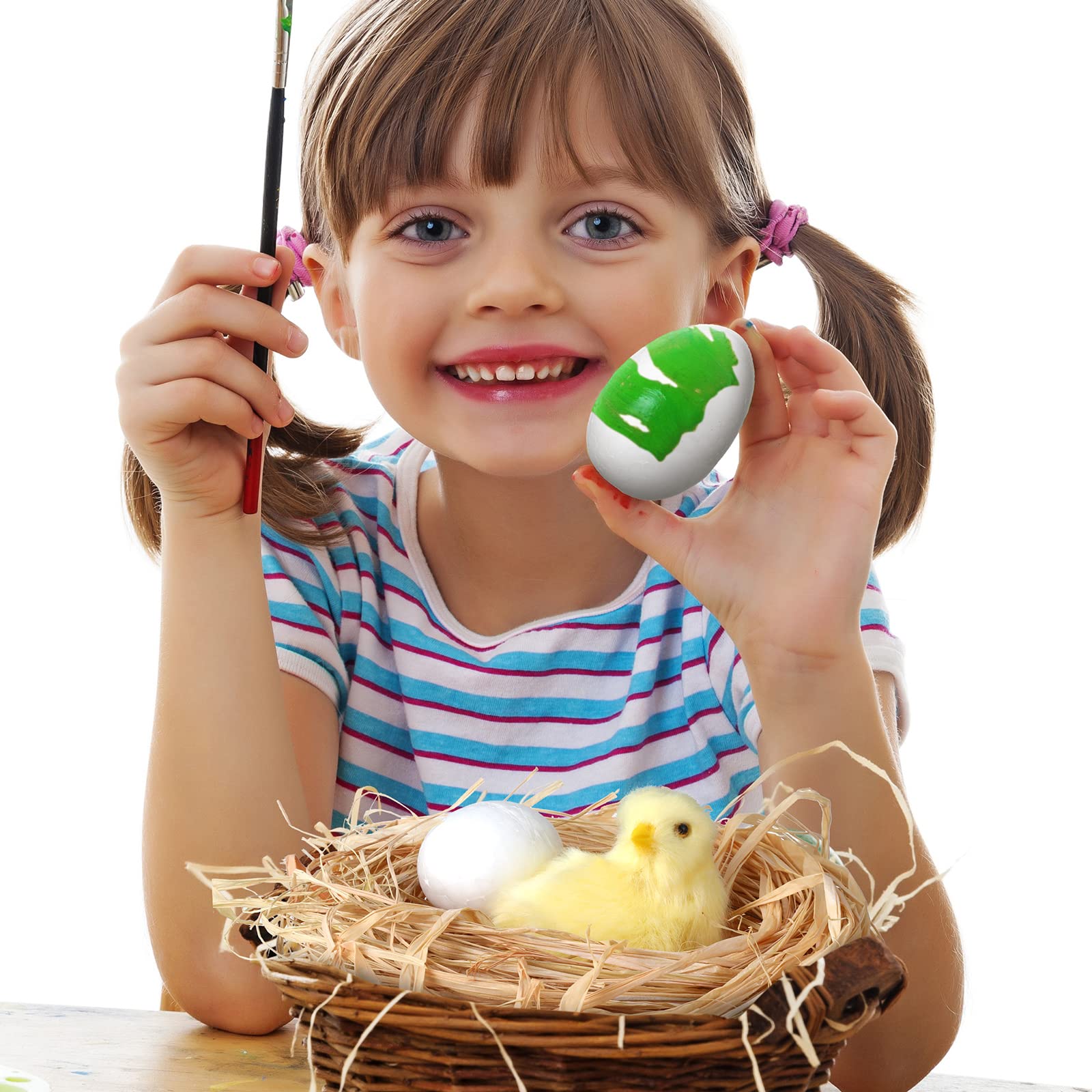 9 Pcs Spring Easter Chicken Decoration Set 4 Pcs Realistic Plush Little Chick Figurine Fluffy Chicks 4 Pcs Craft Foam Egg 1 Bag Yellow Easter Grass for Photography DIY Crafting Easter Hunt Party