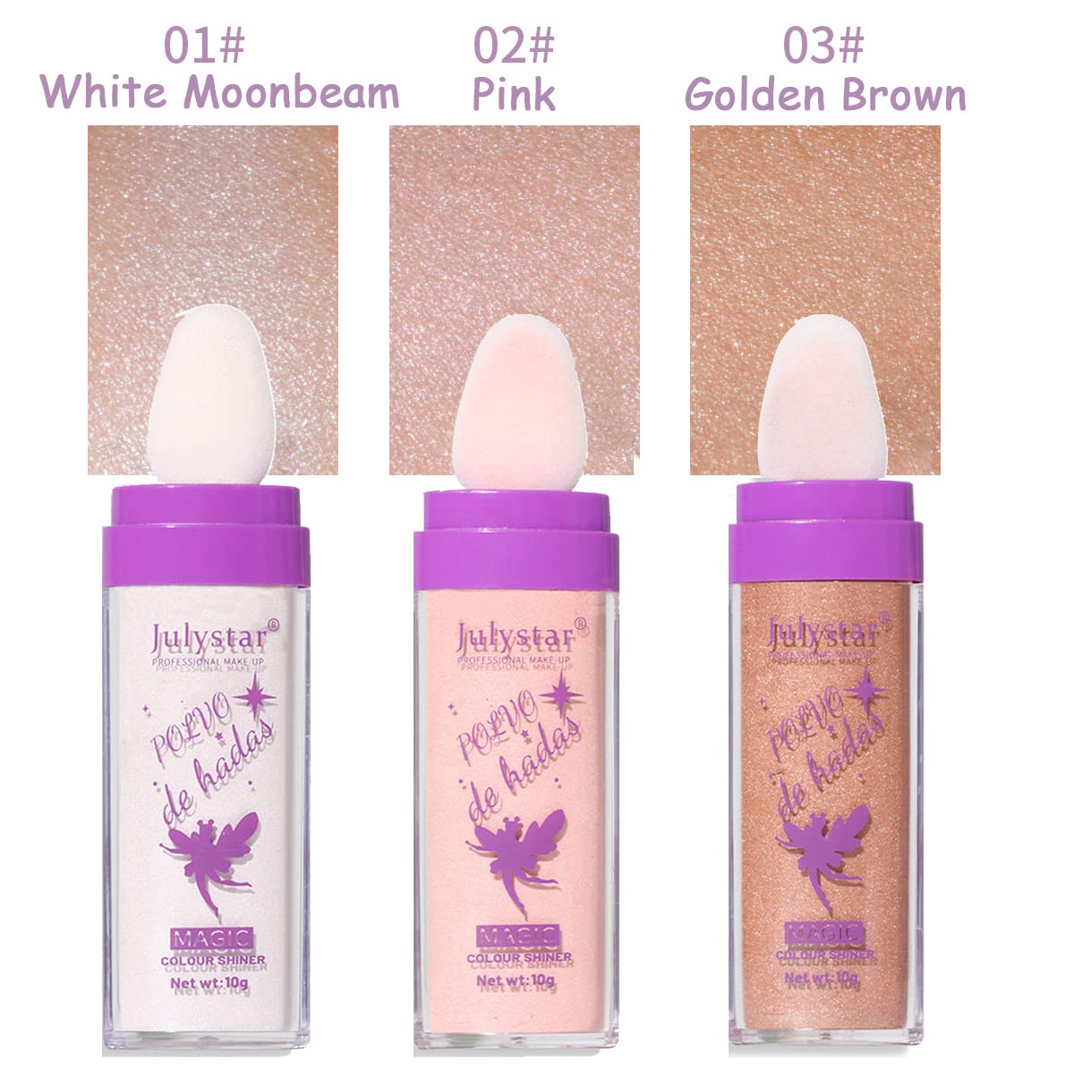 3 Pack Polvo De Hadas Highlighter Makeup Powder,Body and Face Glitter Powder Makeup,the Natural Three-Dimensional Patting Powder Highlighter Stick (White Moonbeam+Fairy Pink+Golden Brown)