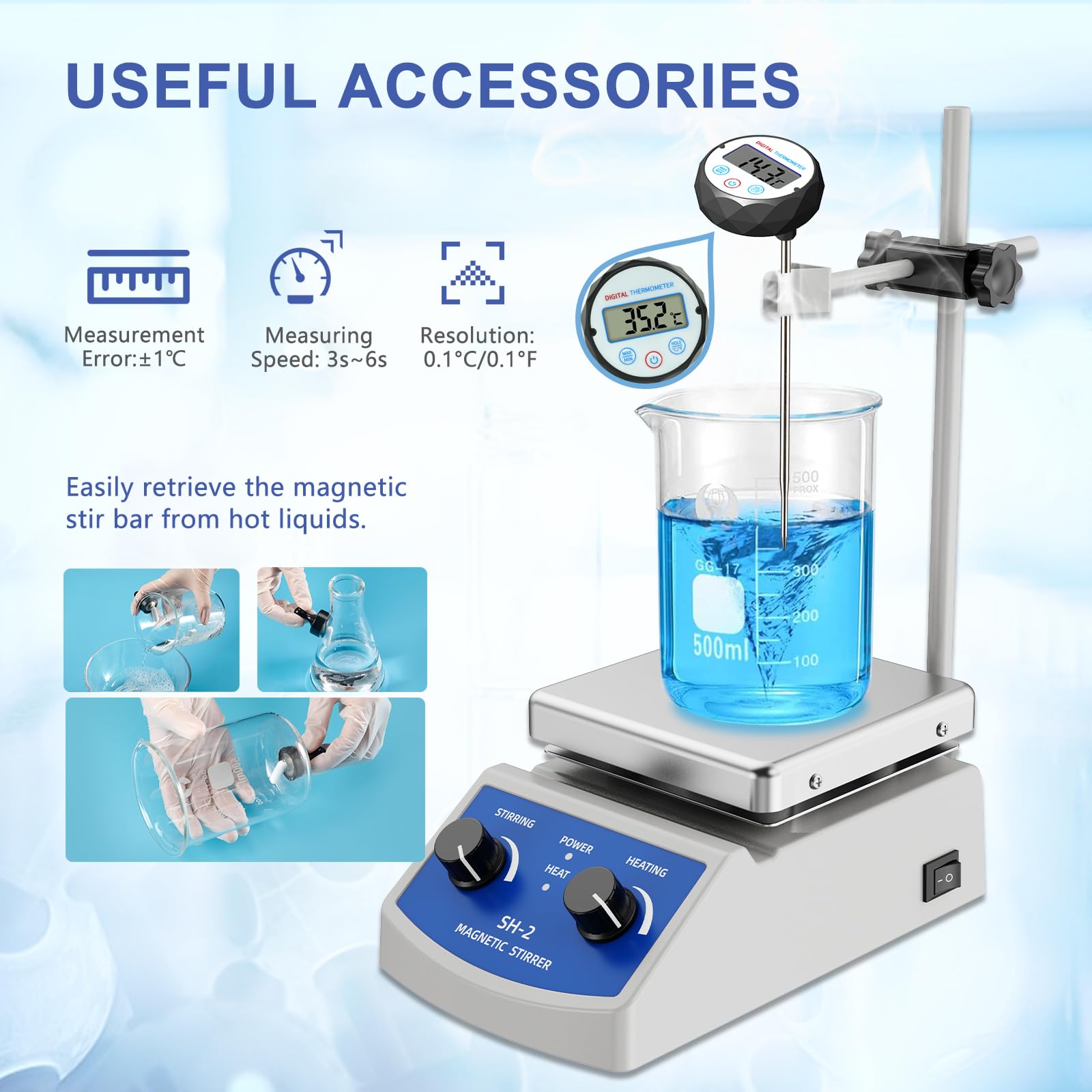 Magnetic Stirrer Hot Plate w/Thermometer, Magnetic Stir Plate w/Stir Bar Retriever, Max.520℉ Hot Plate Stirrer, 100~2000RPM Magnetic Hotplate Stirrer w/Stir Bar n Support Stand
