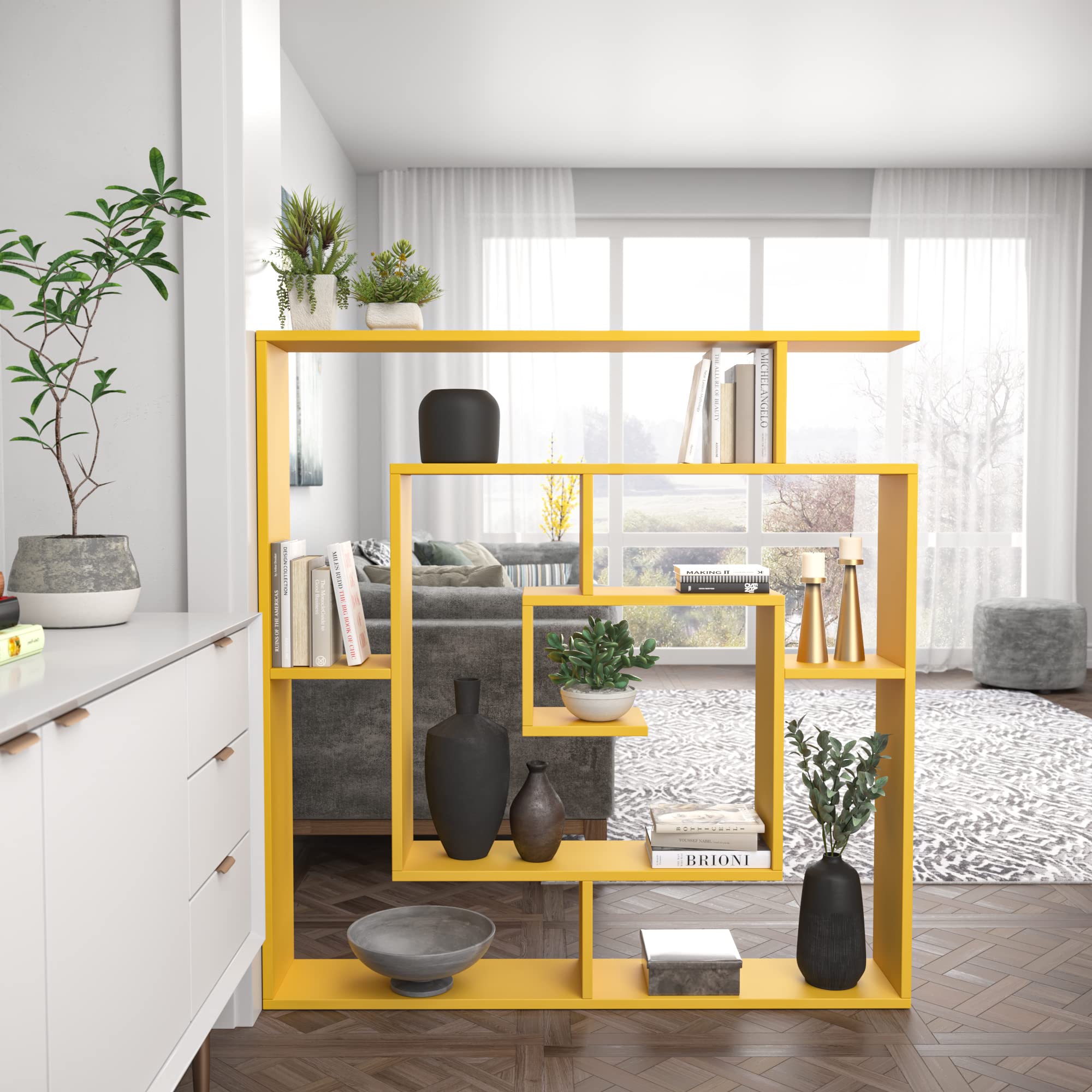 Ada Home Decor Briscoe Modern Mustard Bookcase 50.2'' H x 49.2'' W x 8.66'' D/Shelving Unit/Bookshelf