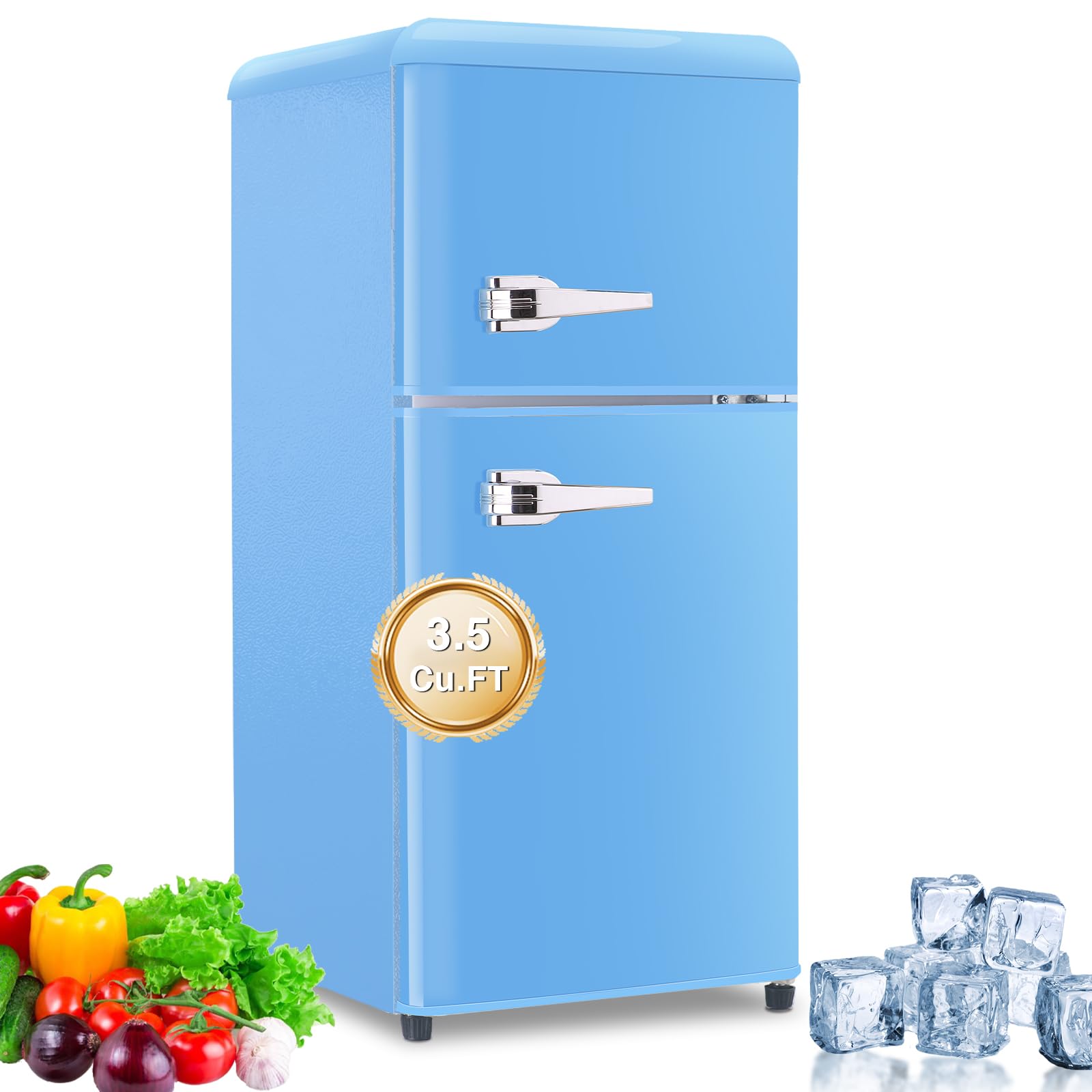 EUASOO FLS-80-Blue 3.5Cu.Ft Compact Refrigerator, Small Refrigerator with freezer, Retro Fridge with Dual Door, 7 Level Adjustable Thermostat for Garage, Dorm,Bedroom, Office, Apartment