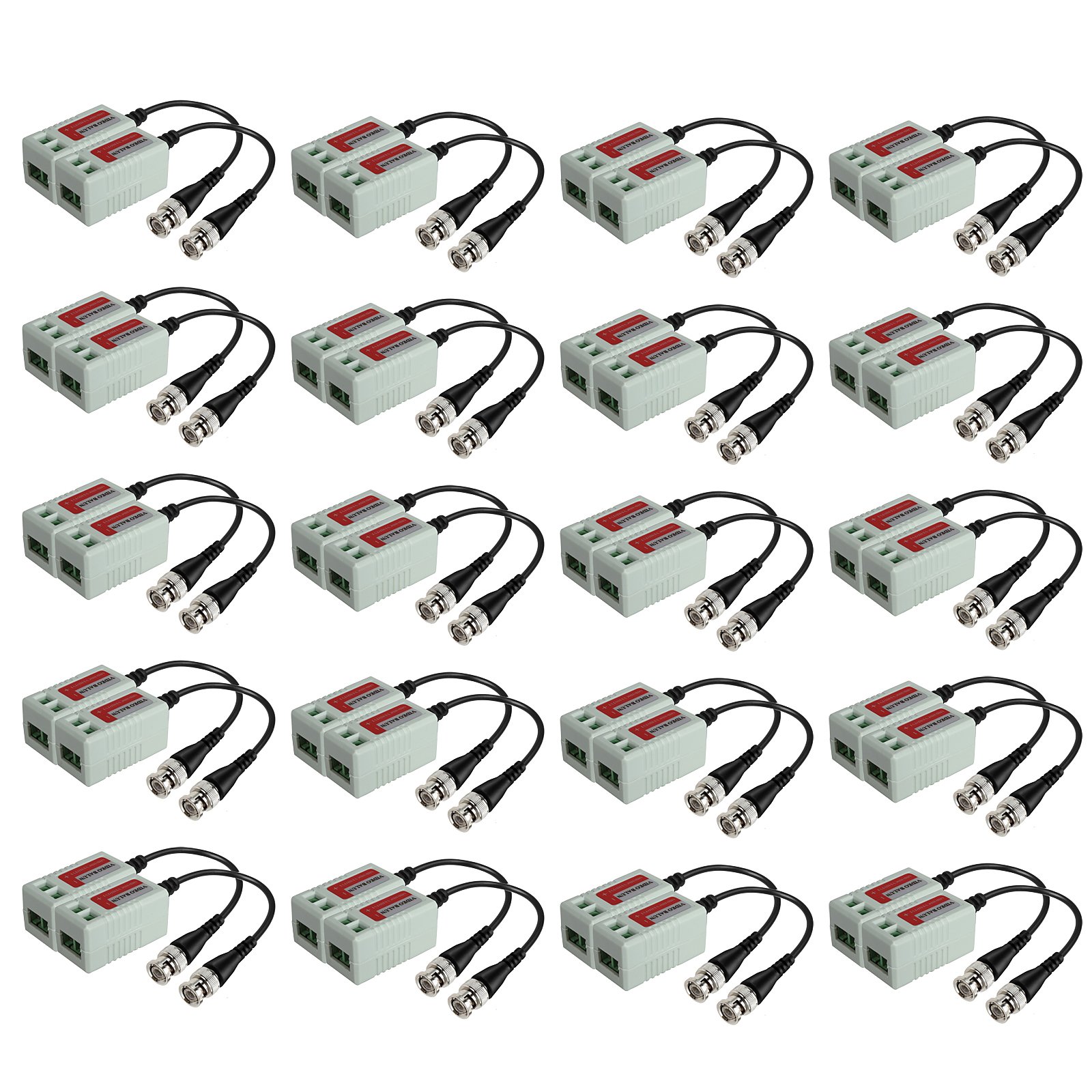 Video Balun Connectors Passive HD CVI/AHD/TVI Signal Transceivers 720P/1080P/2MP Single Channel for BNC Male Cable via CAT5/5E/6 Twisted Pair Transmitter CCTV Security Camera System 20 Pairs