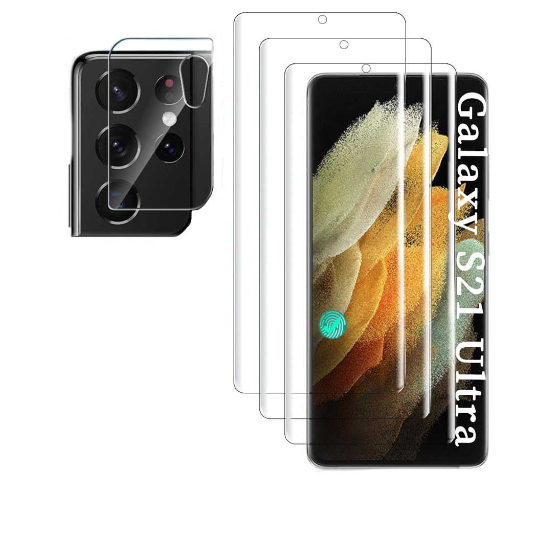 3 Pack Samsung Galaxy S21 Ultra Screen Protector, 1 Pack Camera Lens Protector, Compatible Fingerprint, 9H Scratch-Resistant HD Clear Tempered Glass Screen Protector Galaxy S21 Ultra Screen Protector