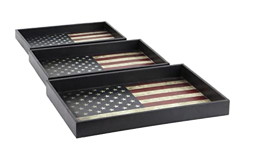 Deco 79 Wood Leather Trays, 21 by 19 by 17-Inch, Navy Blue, Set of 3