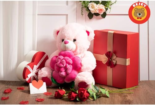 BEJOY Teddy Bear Stuffed Animals Plush Bear Holding Rose Soft Plush Toy Valentine's Day, 16 Inch, Pink