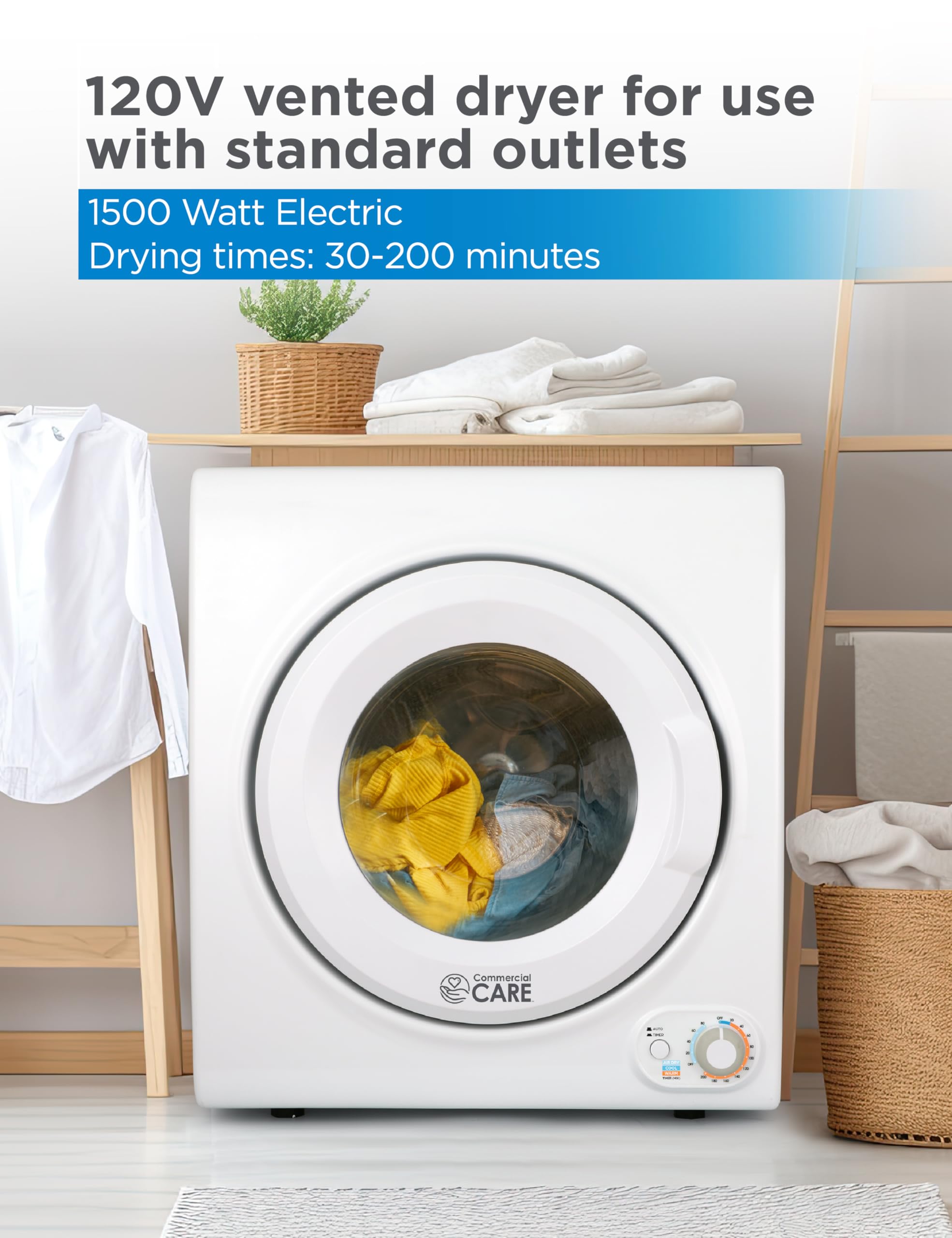 Commercial Care 3.5 Cu. Ft. Portable Dryer, 120V Electric Dryer for Clothes, Front Loading Dryer Machine Holds Up To 13.2 lbs. or 6 kg. of Laundry, Stainless Steel Drum, 1500 Watts, White