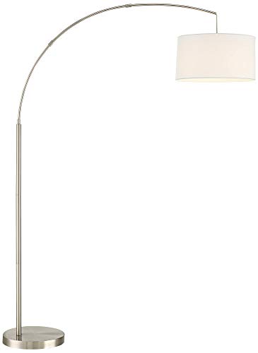 360 Lighting Cora Modern Arched Task Floor Lamp Standing 72" Tall Brushed Nickel Silver Off White Linen Fabric Drum Shade for Living Room Reading House Bedroom Home Decor