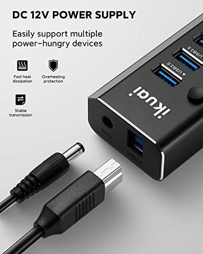 Powered USB Hub 3.0 ikuai Aluminum 10 Port USB 3.0 Data Hub Splitter with 12V/3A 36W Power Adapter and Individual On/Off Switches for Desktop PC Laptop and More