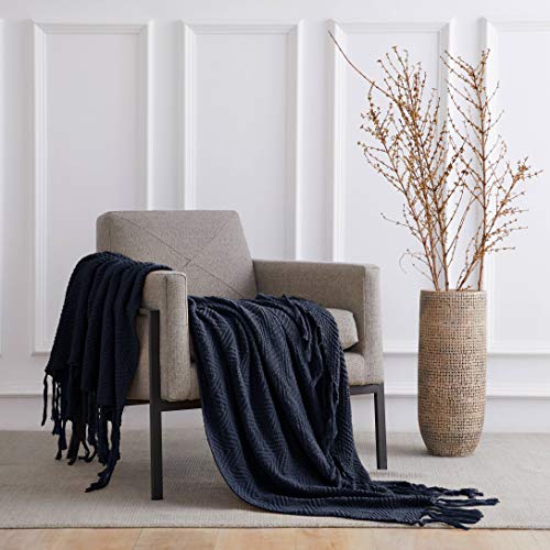 Longhui bedding Fringe Knit Cotton Throw Blanket, 50 x 60 Inch Decorative Knitted Cover with 6 Inches Tassels, Bonus Laundry Bag β 2.5lb Weight, Couch Blankets, Dark Navy Blue