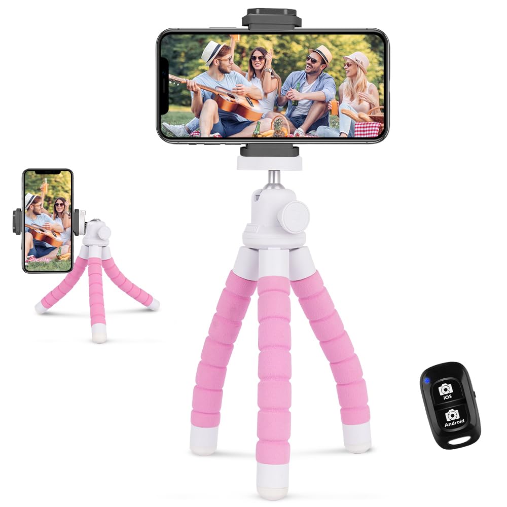 UBeesize Tripod A Pink Phone Tripod, Portable and Flexible Tripod with Wireless Remote and Clip, Cell Phone Tripod Stand for Video Recording (Pink)