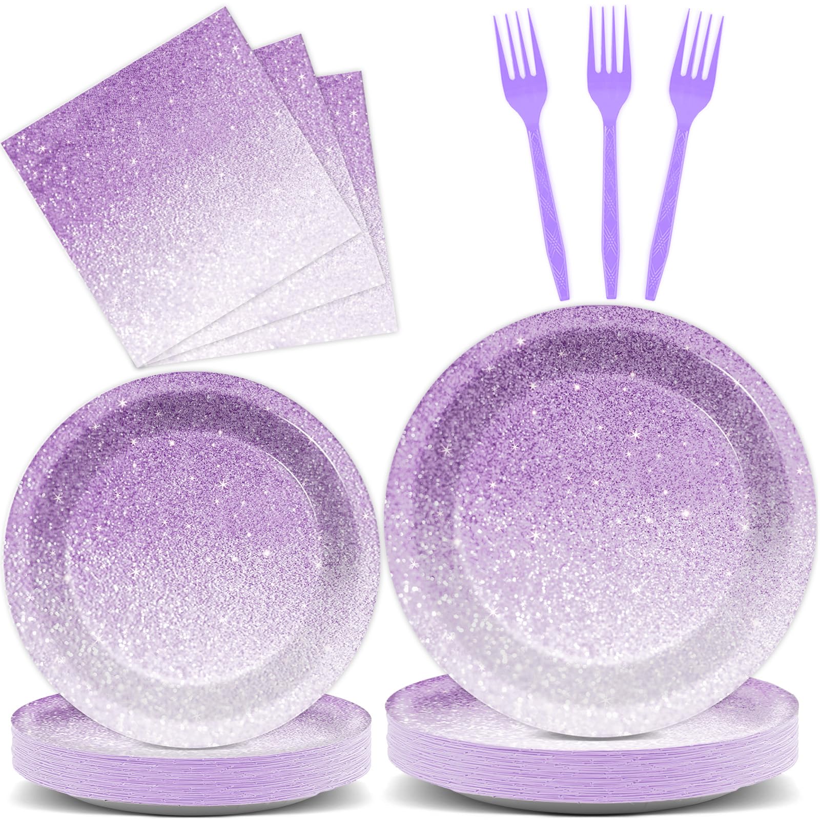 96 Pcs Ombre Purple Party Supplies Set for 24 Guests Gradient Pastel Purple Tableware Plates Dinnerware Table Decorations for Girl Woman Light Purple Sprinkle Wedding Birthday Anniversary Party Favors