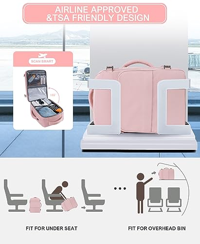 Beraliy Travel Backpack, Airline Approved Personal Item Bag, Carry On Backpack for Women,Lightweight Weekender Bag, Laptop Backpack Hiking Business Casual Daypack, Pink