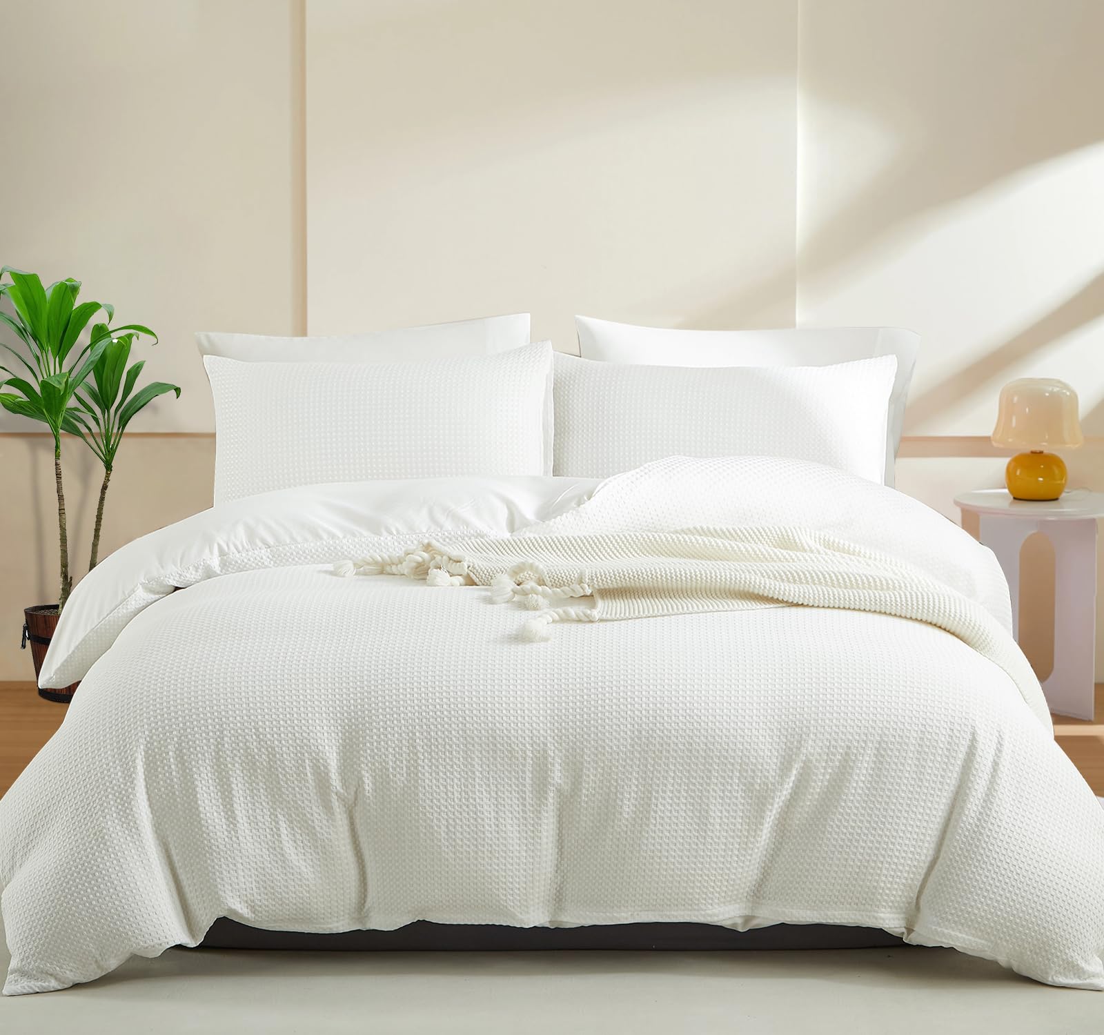 Sedefen White Waffle Duvet Cover King Size Shabby Chic Boho Square Textured Pattern 3 Pieces Soft Microfiber Bedding Duvet Cover Set Gift Choice Home Decrative