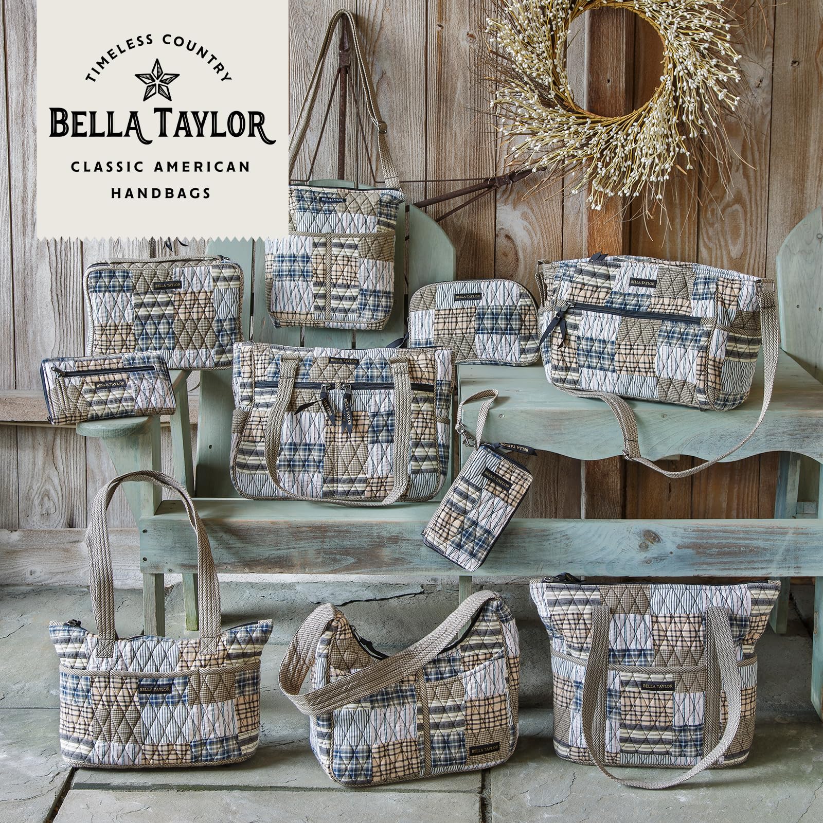Bella Taylor Essentials Crossbody Purse with Built In Wallet, Quilted Cotton Ashmont Tan, Grey and Cream Patchwork