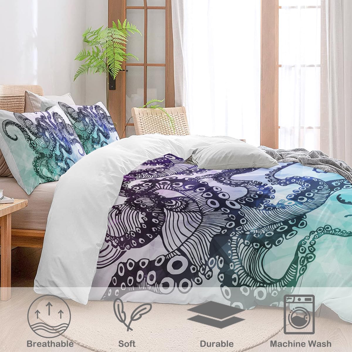 ARIGHTEX Octopus Bedding Purple Octopus Duvet Cover Set Queen for Boys Men Cute Beach Animal Comforter Cover Trippy Octopus and Octopus Feet Bed Set (Queen)