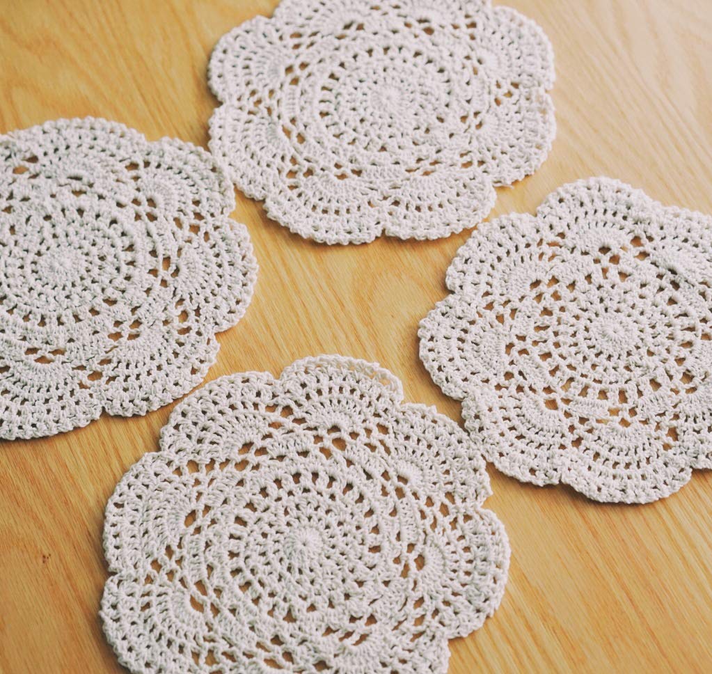 Phantomon 8 Inch Doilies Crochet Round Lace Doily Handmade Placemats 100% Cotton Crocheted Coasters, Pack of 4 (Beige)