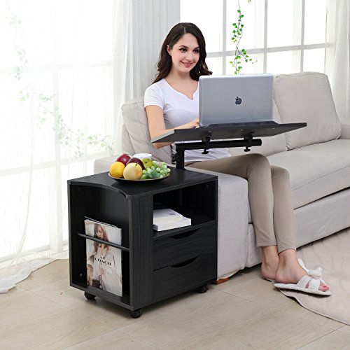 Emall Life Upgraded Multifunctional Height Adjustable Overbed End Table Wooden Nightstand with Swivel Top, Storage Drawers, Wheels and Open Shelf, 3 Colors (Black Walnut)