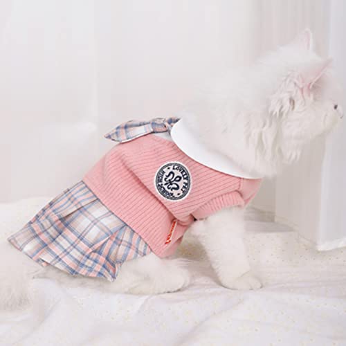 Anelekor Cute Cat Sweater Dresses with Necktie Decor Pet School Uniform Costume Puppy Spring Autumn Outfit Soft Knitted Skirt Shirts for Cat Rabbit Small Medium Dogs (X-Small, Pink)
