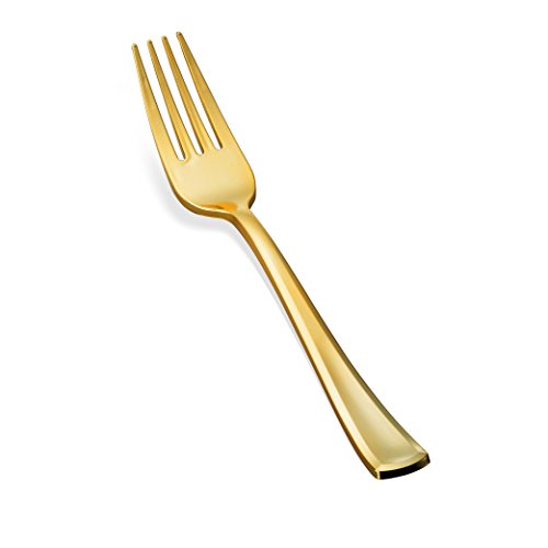 300 Gold Disposable Plastic Flatware Set - 100 Forks, 100 Spoons, 100 Knives - Heavy Duty Silverware for Party Bulk