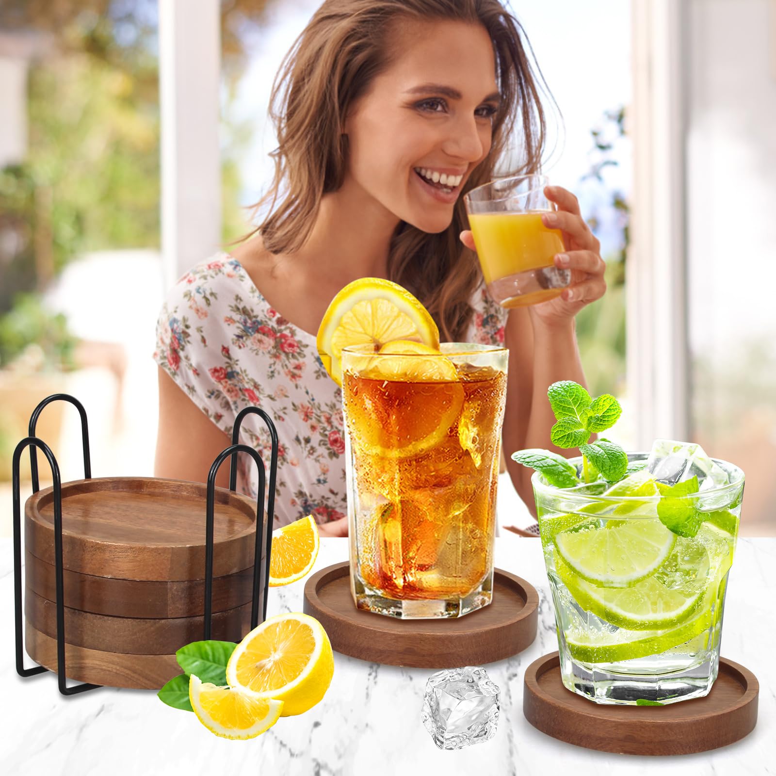 6 Pcs Best Wooden Coasters with Holder Coffee Table Coasters for Drink Acacia Wood Coaster Set Modern Cup Coasters Cute Beer Coaster Bar Coasters Decorative Beverage Rustic Outdoor Coasters