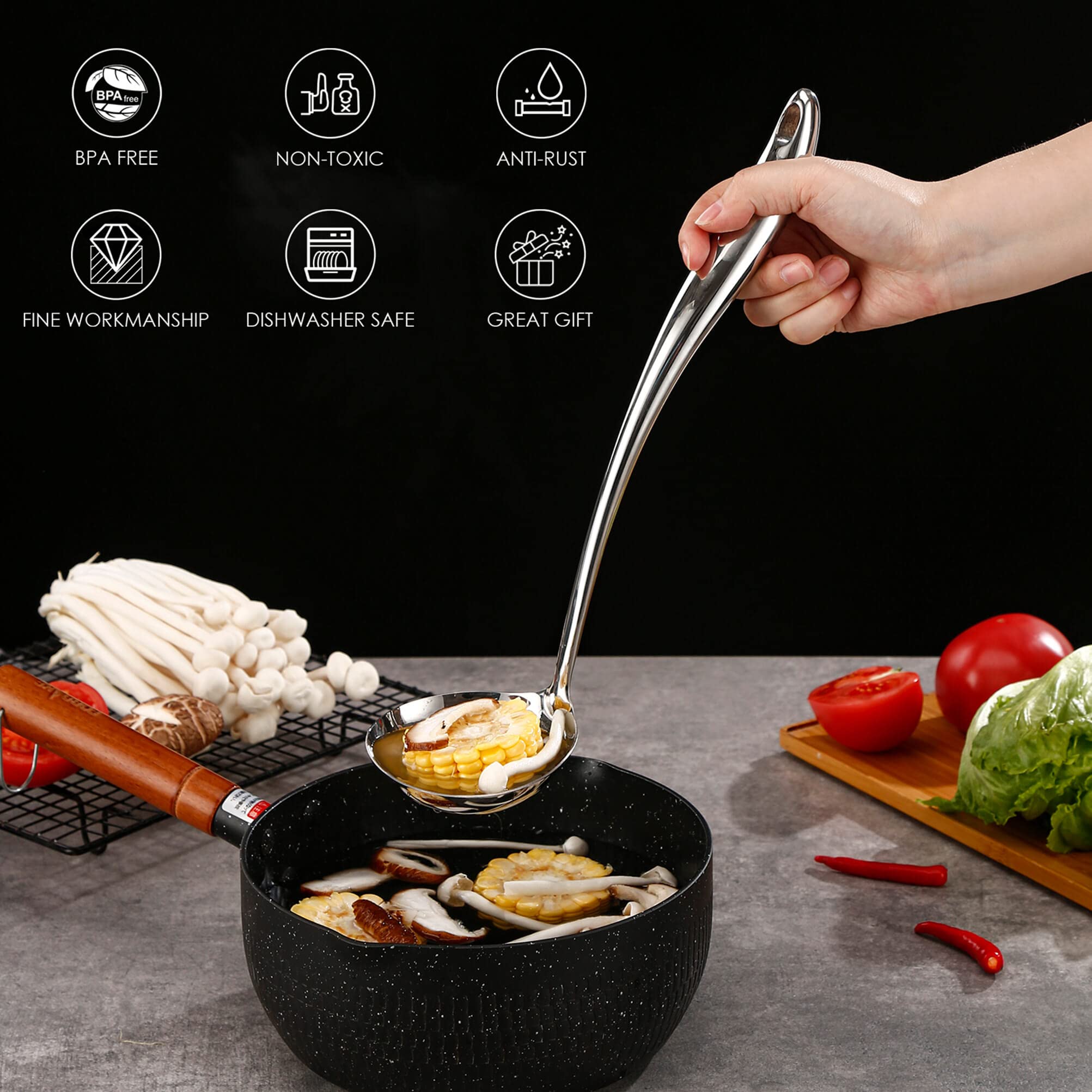 304 Stainless Steel Kitchen Utensil Set - 9 PCS Serving Utensils, Cooking Utensil, Solid Spoon, Slotted Spoon, Fork, Spatula, Ladle, Skimmer Spoon, Slotted Spatula Tunner, Spaghetti Spoon, Large Spoon
