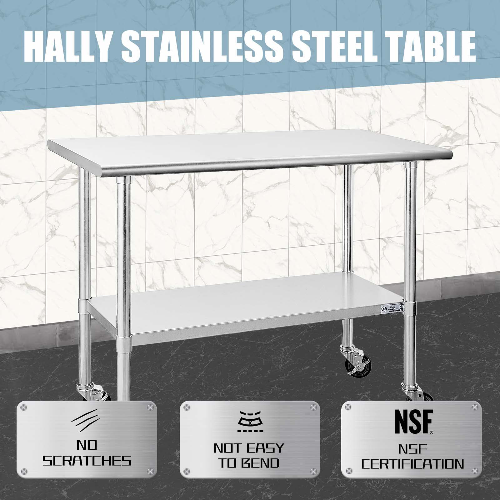 HALLY Stainless Steel Table for Prep & Work 24 x 48 Inches with Caster Wheels, NSF Commercial Heavy Duty Table with Undershelf and Galvanized Legs for Restaurant, Home and Hotel