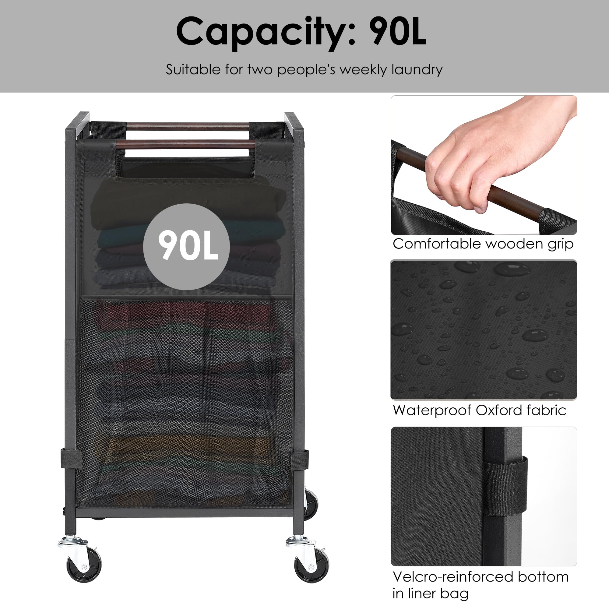Laundry Hamper with Wheels & Adjustable Feet; 90L Laundry Basket with Removable Liner Bag & Side Mesh Pocket; Clothes Basket for Bathroom, Bedroom; Laundry Sorter with Wood Handle (Black)