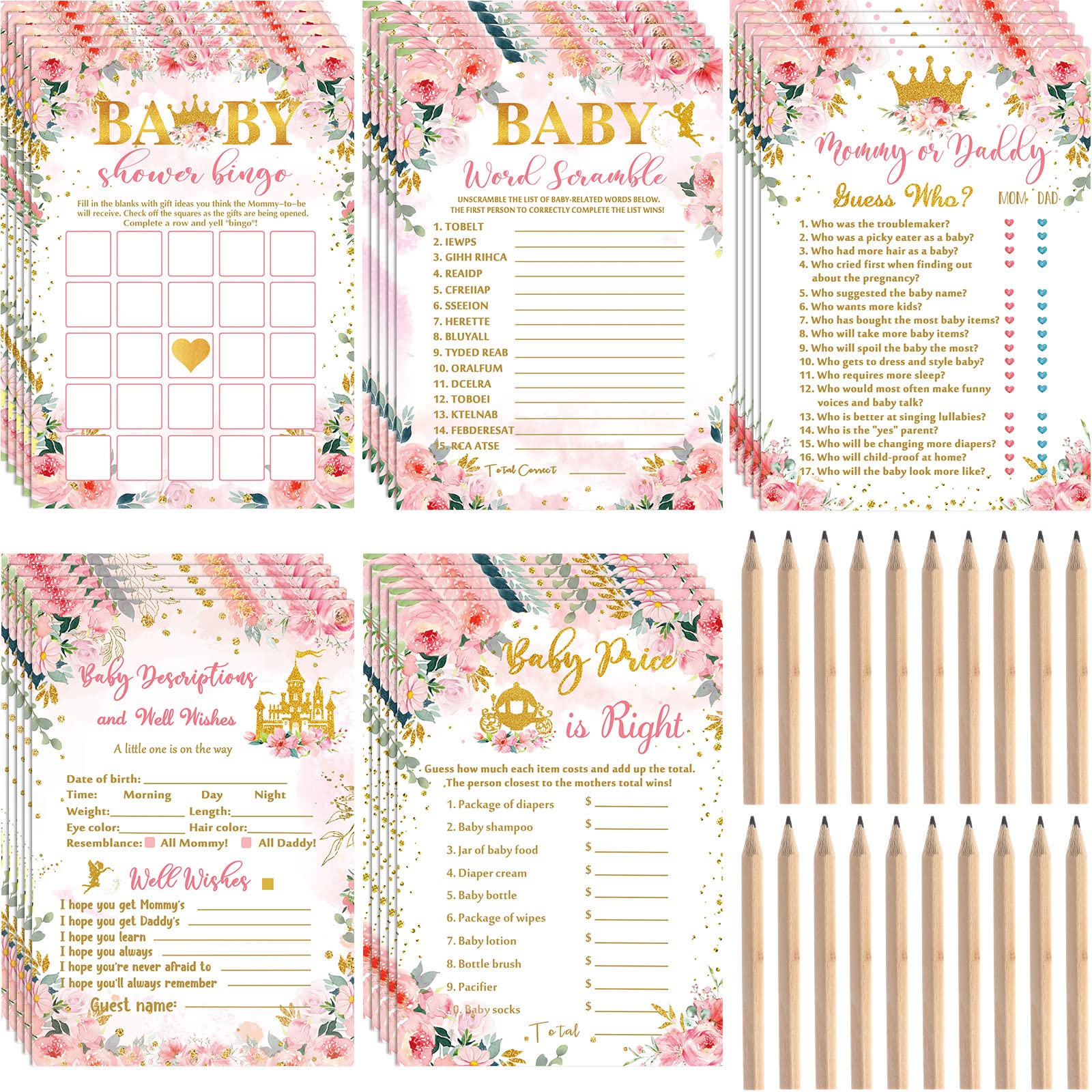 Fumete 125 Pcs Princess Baby Shower Games for Girls 5 Games Cards with 20 Pencils Baby Shower Activities Include Guess Who, Baby Descriptions and Well Wishes, Baby Price, Bingo Game